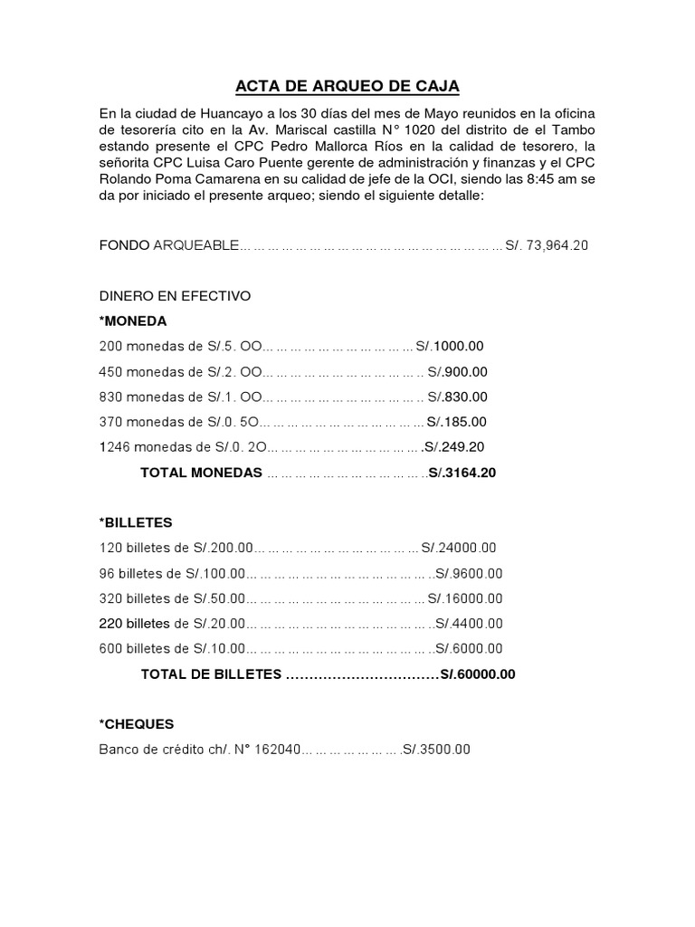 Acta de Arqueo de Caja | PDF | Dinero | Bancario