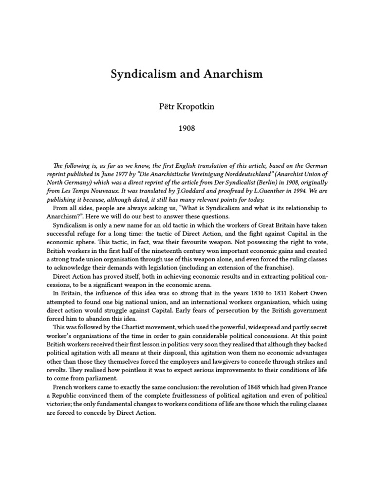 Syndicalism and Anarchism | PDF | Anarchism | Socialism