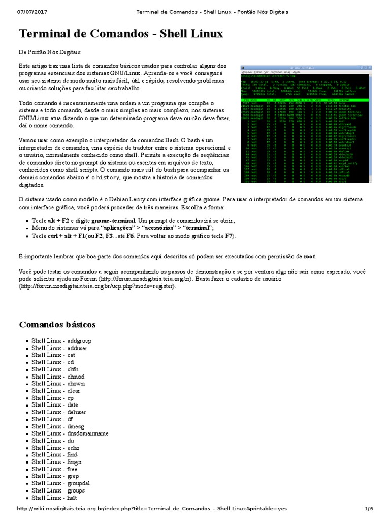 Terminal De Comandos Shell Linux Pontão Nós Digitais Pdf Shell Informática Linux