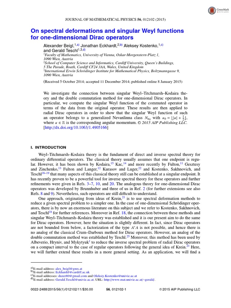 On Spectral Deformations and Singular Weyl Functions For One-Dimensional Dirac Operators | PDF ...