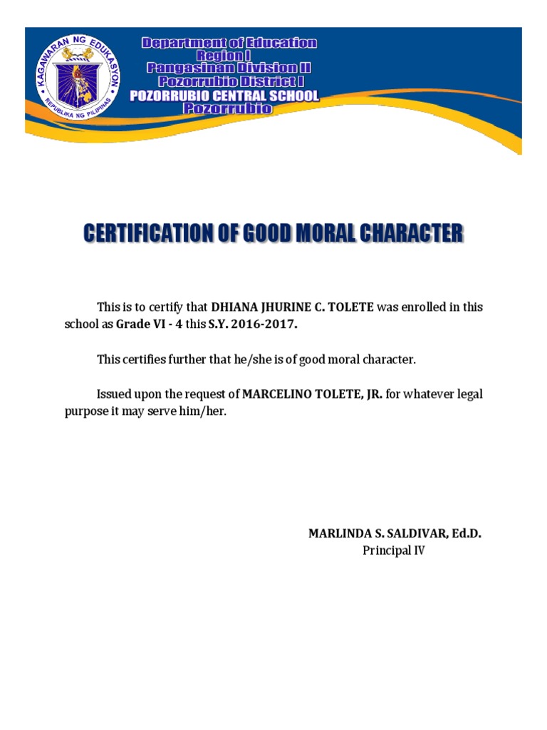 Good Moral Character Certification | PDF | Further Education