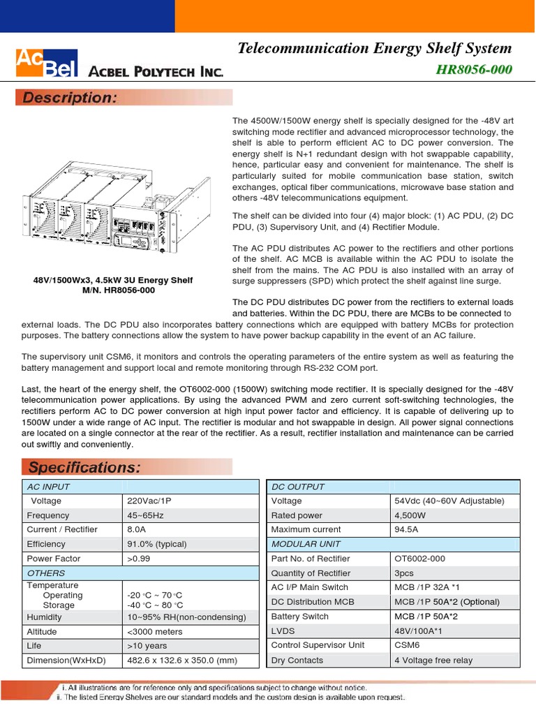 Telecommunication Energy Shelf System | PDF | Rectifier | Direct Current