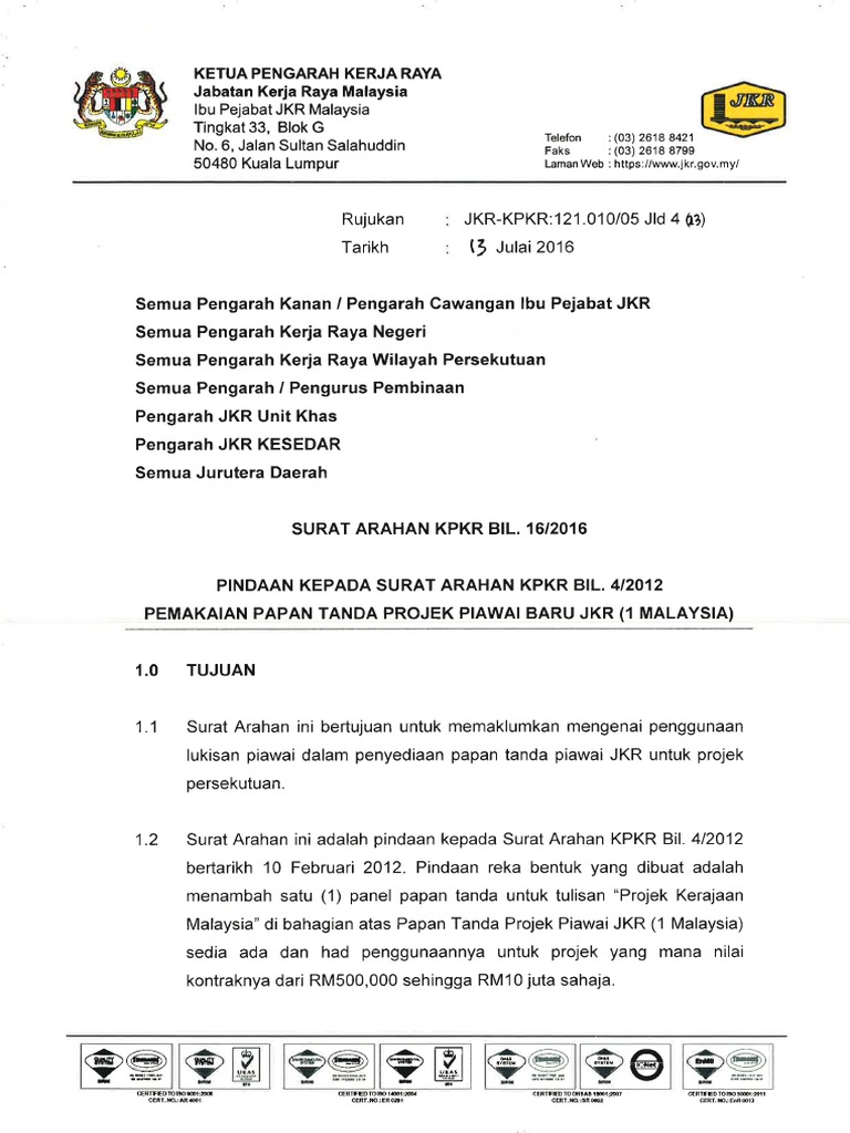Arahan KPKR Papan Tanda Projek JKR | PDF
