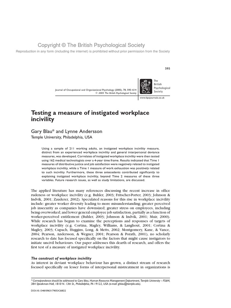 Testing A Measure of Instigated Workplace Incivility: Gary Blau and ...