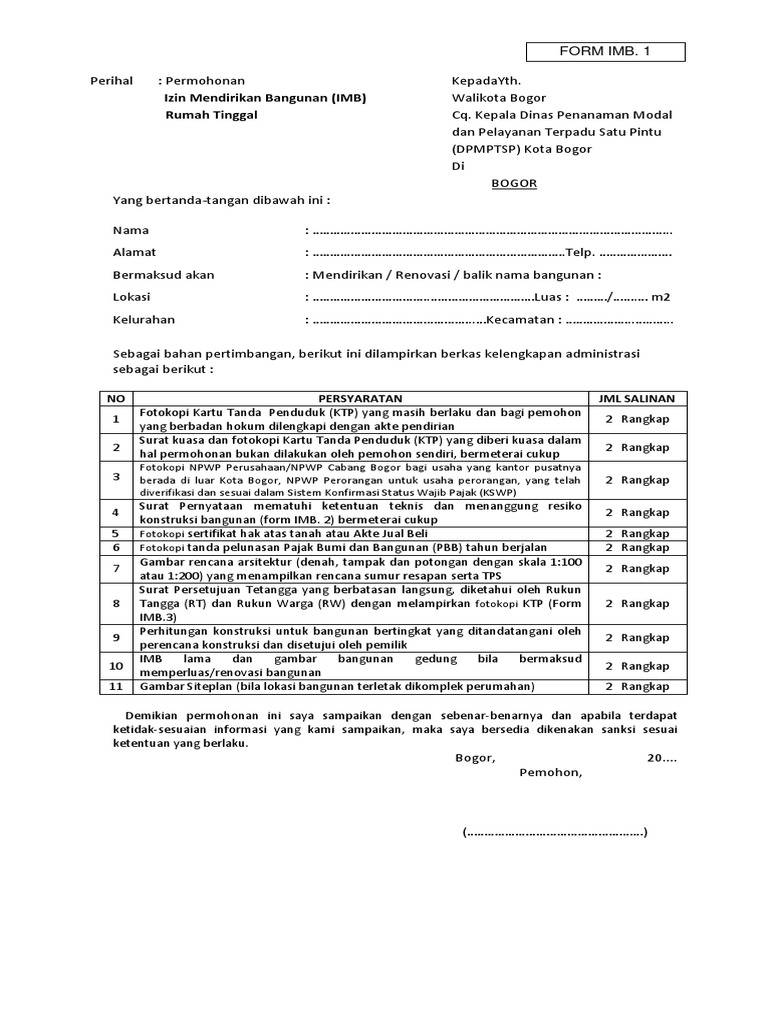 Contoh Surat Permohonan IMB Bogor | PDF