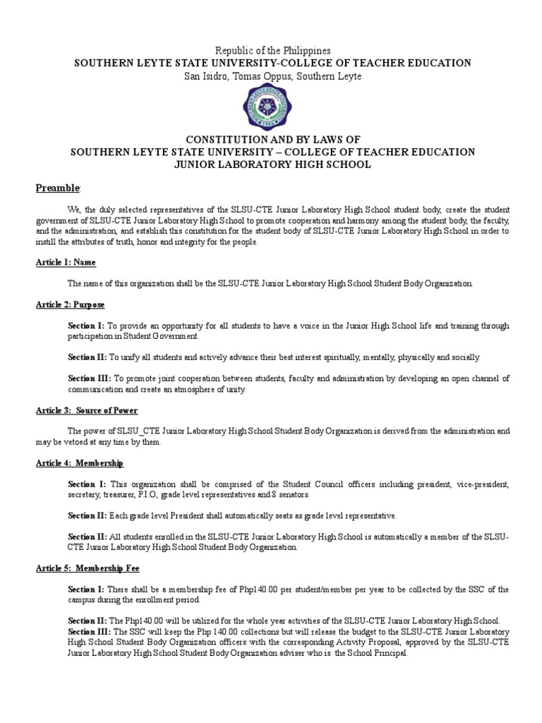 Constitution and By-Laws of The SLSU-CTE JLHSSBO | PDF | Constitutional ...