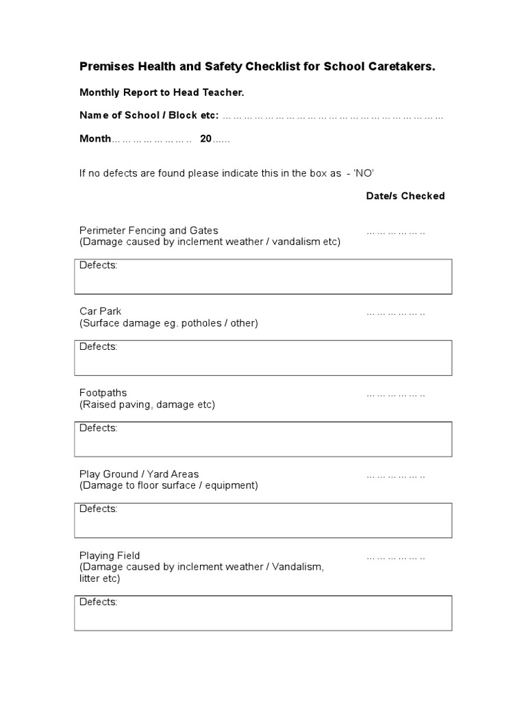 Premises Health and Safety Checklist For School Caretakers-2 | PDF