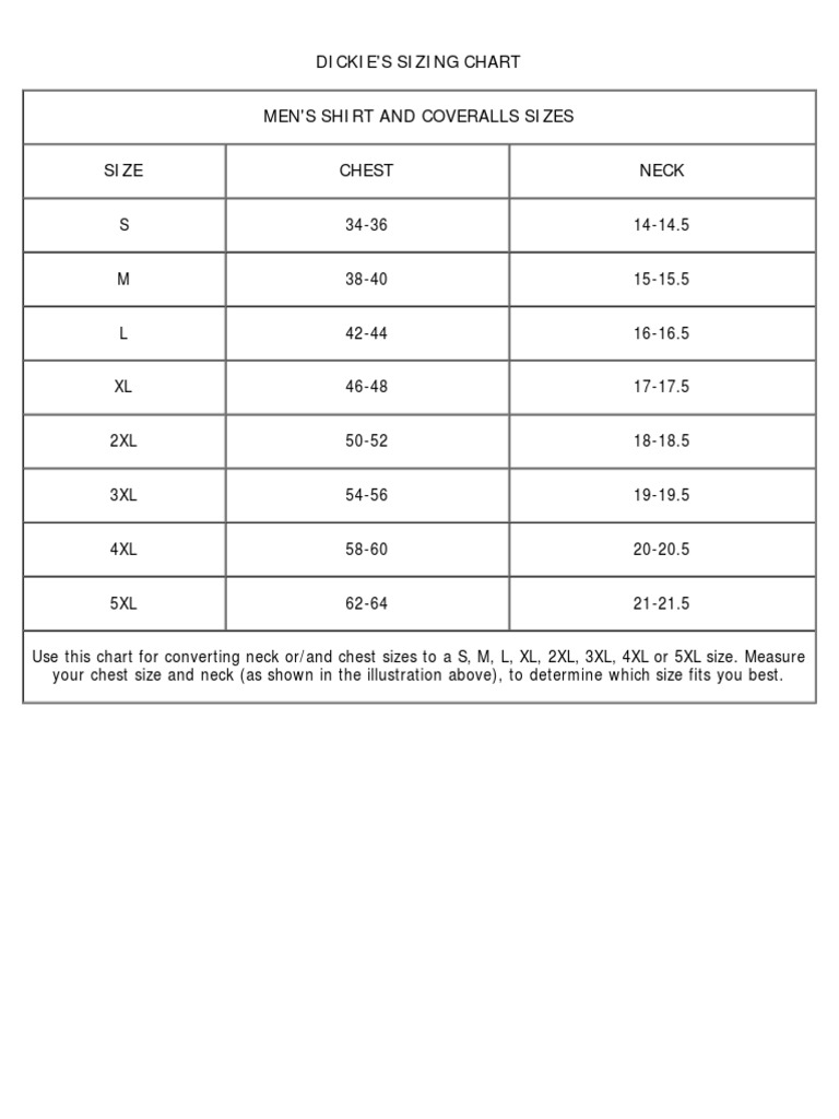 Dickie'S Sizing Chart Men'S Shirt and Coveralls Sizes Size Chest Neck ...