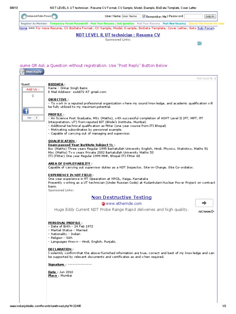 NDT LEVEL II UT Technician Resume CV Format CV Sample Model Example BioData Template Cover ...