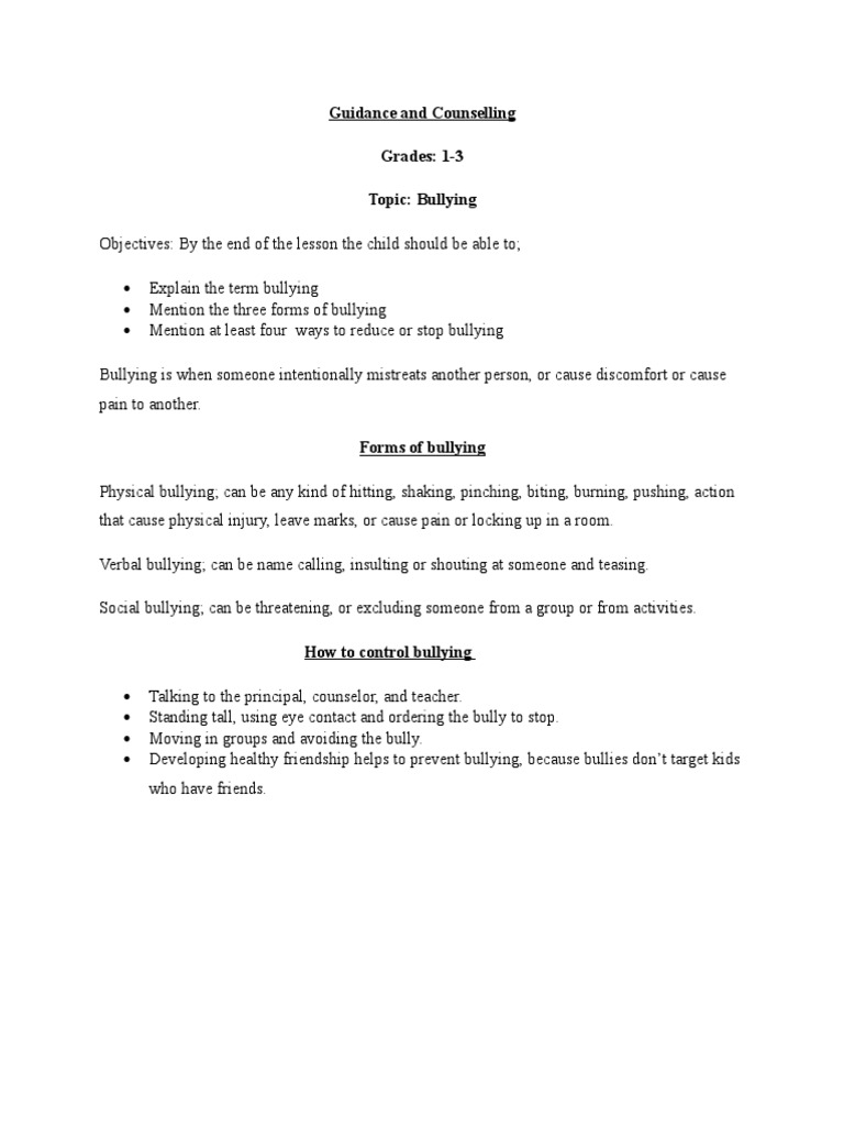 Guidance and Counselling Grades: 1-3 Topic: Bullying | PDF | Self ...