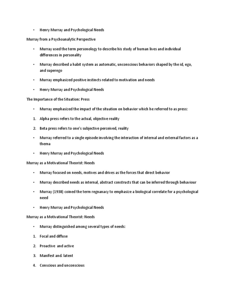 An Overview of Henry Murray's Theories and Contributions to the ...