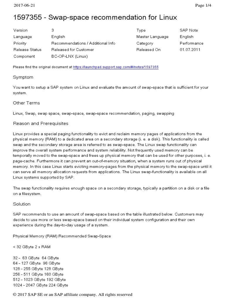 Swap-Space Recommendation For Linux: Symptom | Download Free PDF | Computer Data Storage | Software