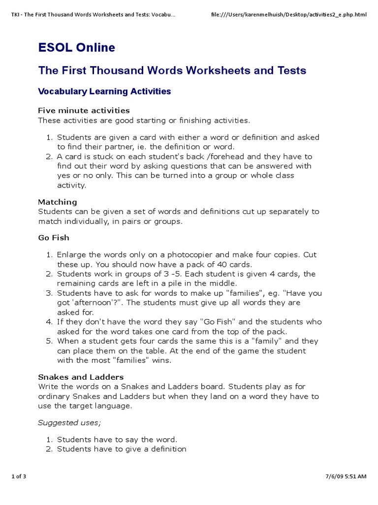 ESOL Online: The First Thousand Words Worksheets and Tests | Download ...