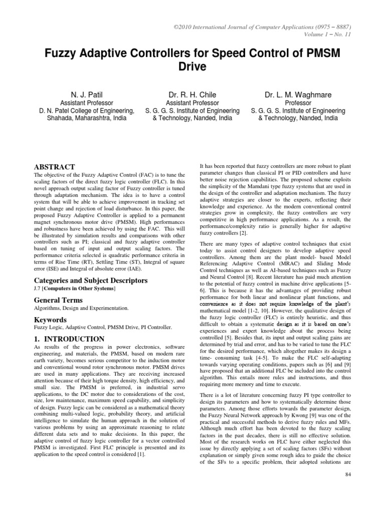Fuzzy Adaptive Controllers For Speed Control of PMSM Drive: N. J. Patil Dr. R. H. Chile Dr. L. M ...