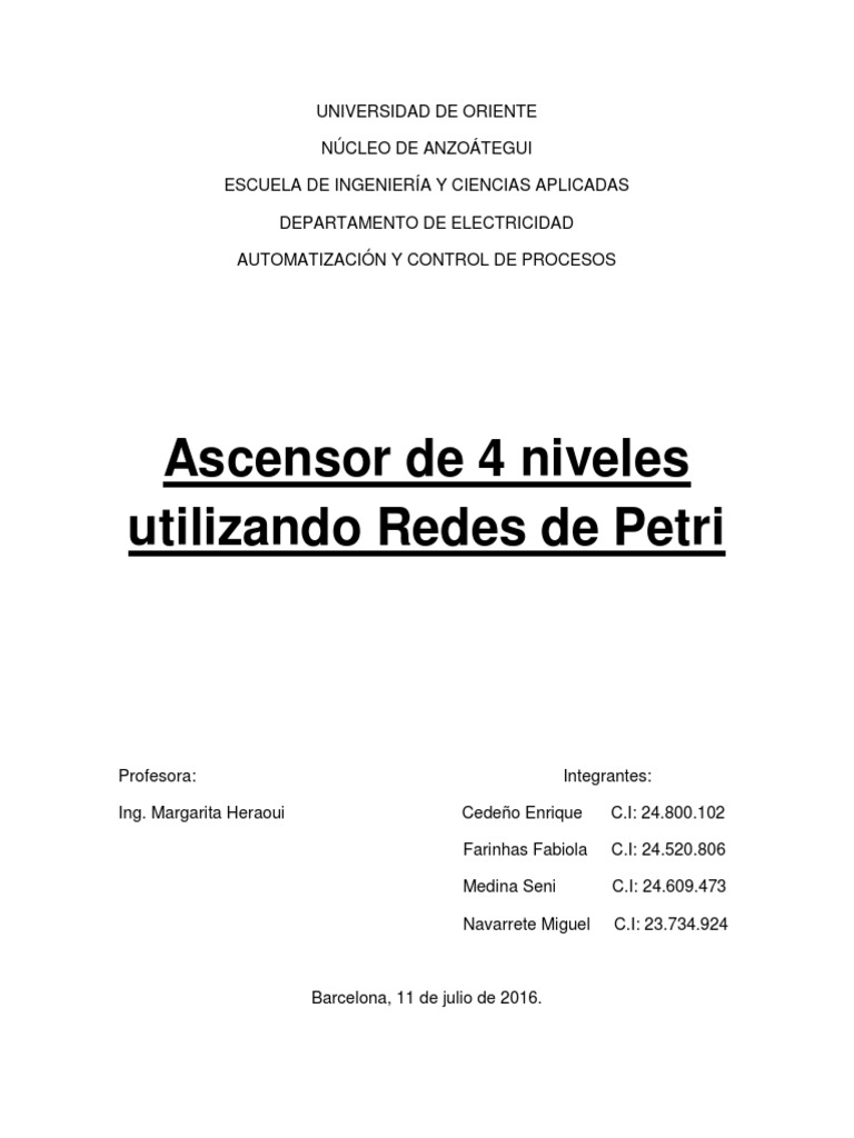 Informe - Ascensor - Redes de Petri | PDF | Ascensor | Controlador lógico programable
