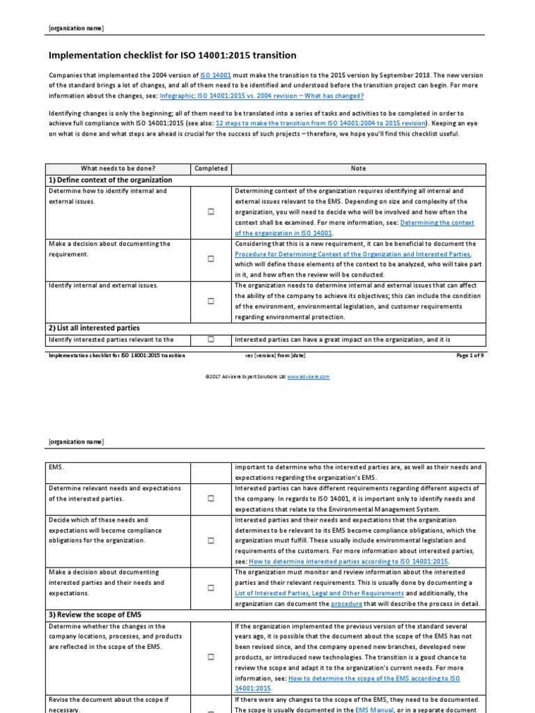 Implementation Checklist For ISO 14001 2015 Transition | PDF | Audit ...
