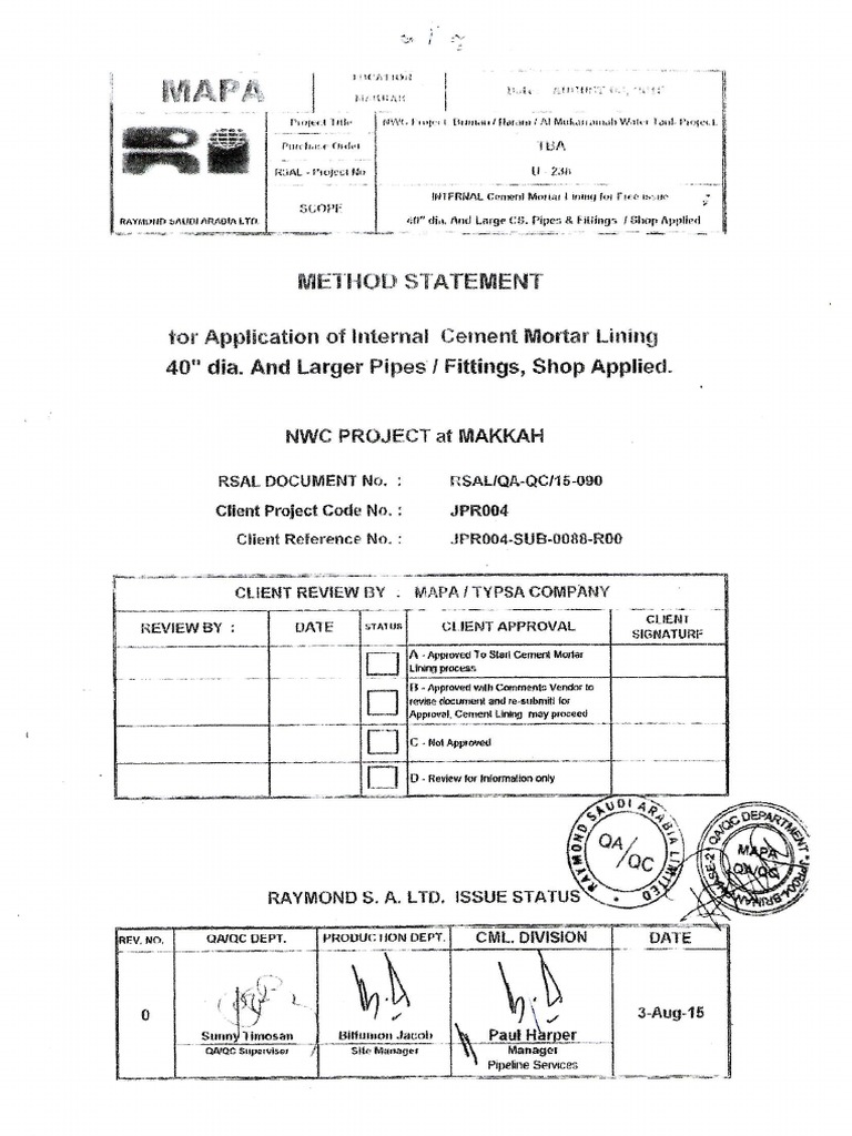 Method Statement For Application of Cement Mortar Lining Within | PDF