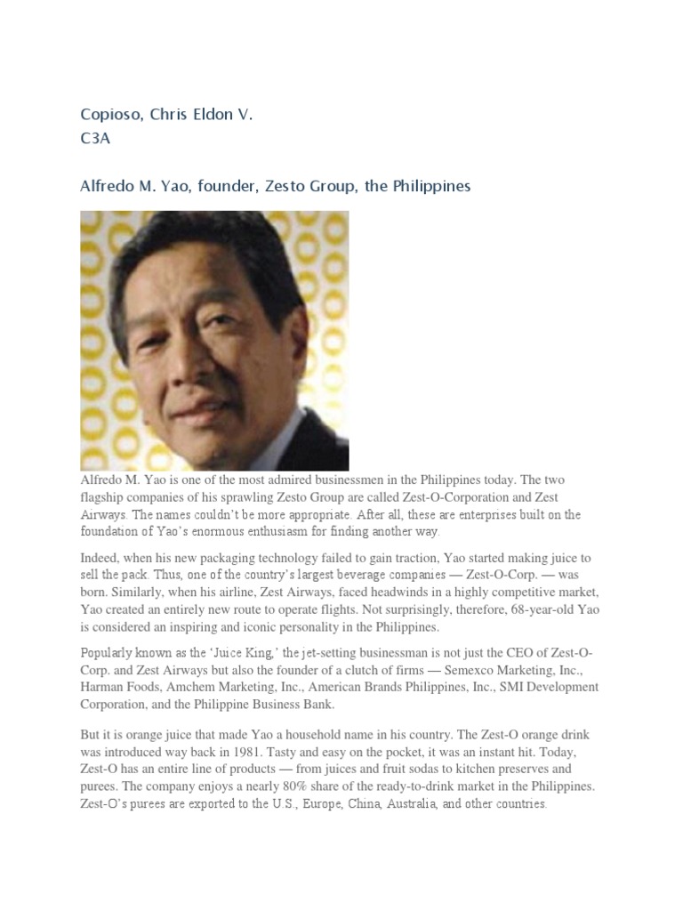 Copioso, Chris Eldon V. C3A Alfredo M. Yao, Founder, Zesto Group, The ...