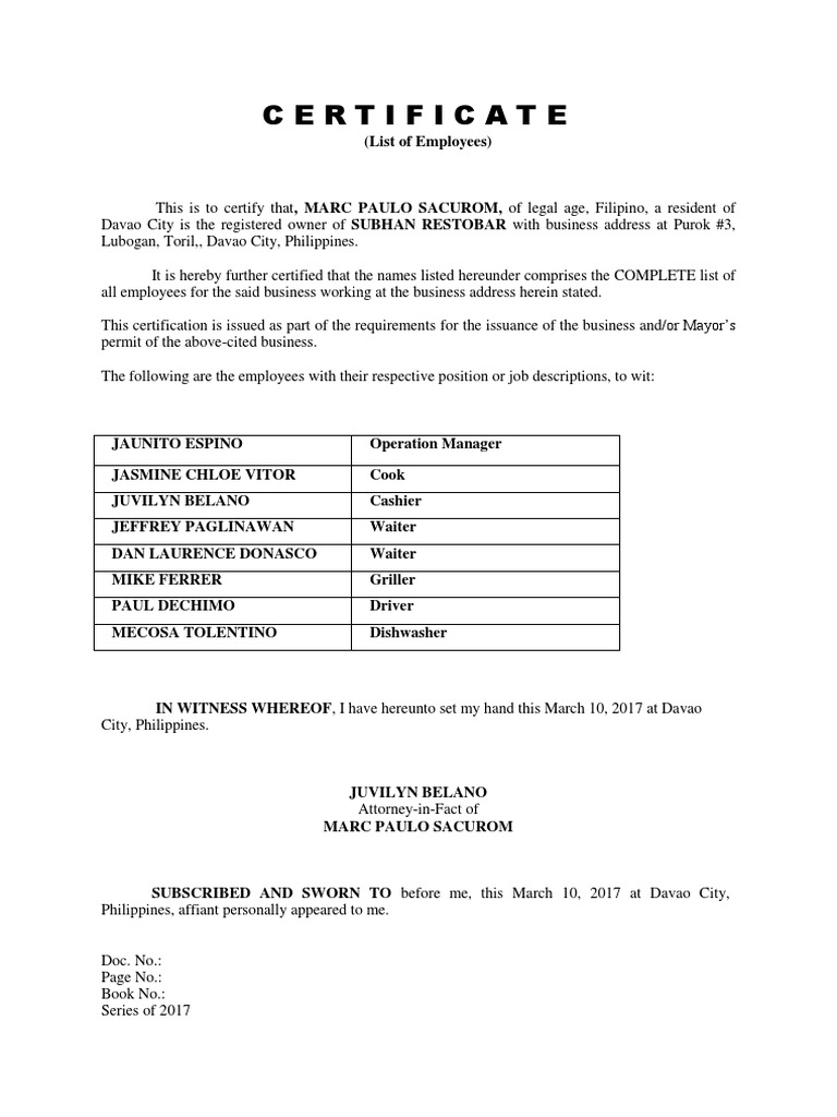 Certified Employee List for Subhan Restobar | PDF