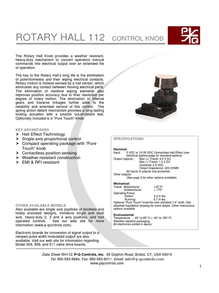 Rotary Hall 112 Control Knob: Technical Specifications and Operating ...
