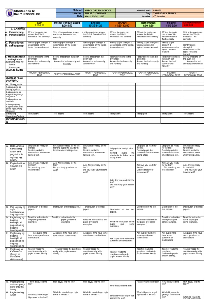 Daily Lesson Log Periodic Test | Quality Of Life | Cognition