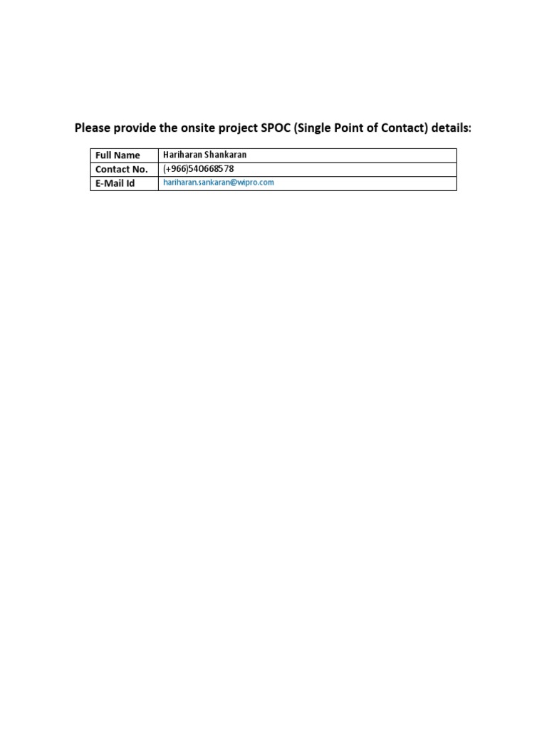 Please Provide The Onsite Project SPOC (Single Point of Contact ...