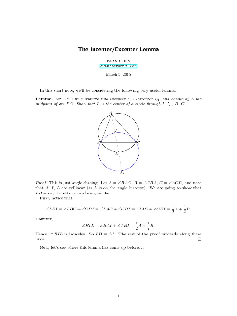 2016-03-31 The incenter-excenter lemma, by Evan Chen.pdf | Triangle ...