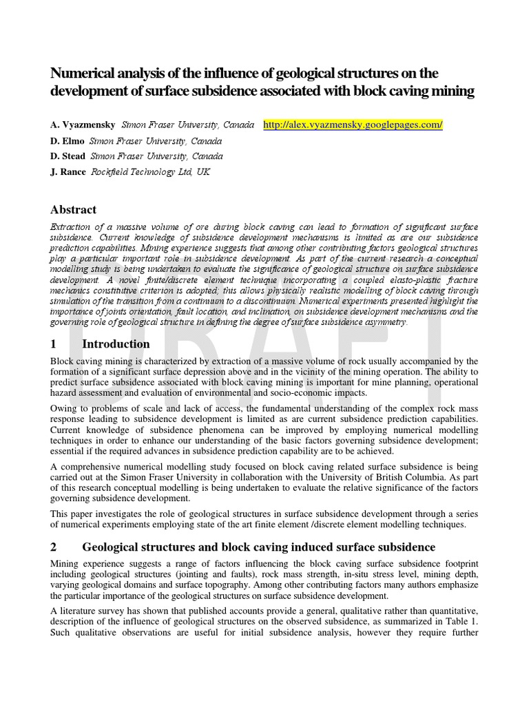 Block Caving Subsidence Analysis Effect of Geological Structures PDF ...