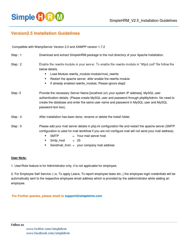 SimpleHRM Version2.5 - Installation Guide | PDF