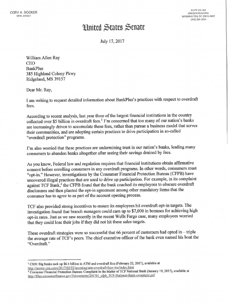 Letter on Overdraft Fees to Bank CEOs