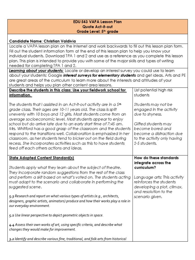 Vapa Lesson Plan | PDF | Lesson Plan | Learning