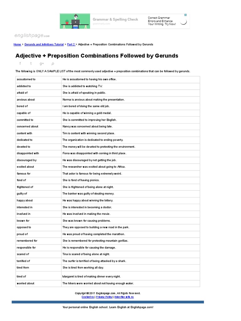 ENGLISH PAGE - Adjective + Preposition Combinations Followed by Gerunds ...
