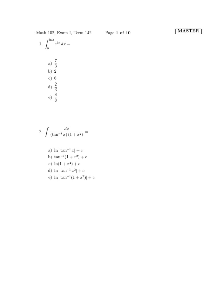 Math 102, Exam I, Term 142 Page 1 of 10 : Master | PDF | Mathematical ...