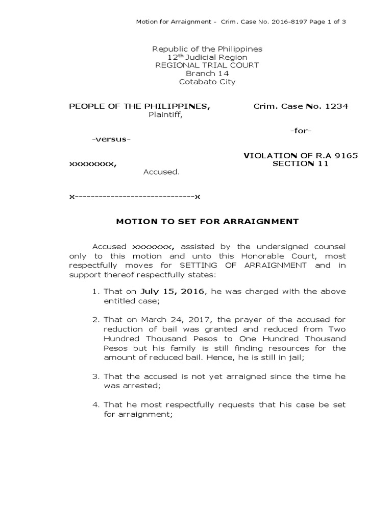 Motion To Set For Arraignment | PDF | Arraignment | Prosecutor