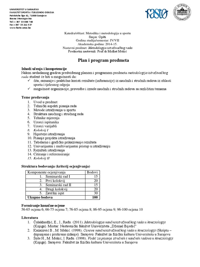 Program Predmeta - Metodologija Istraživačkog Rada | PDF