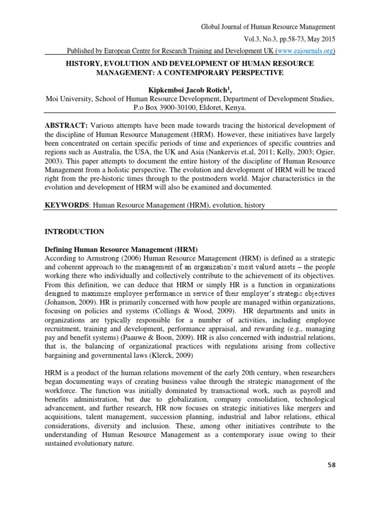 History Evolution and Development of Human Resource Management A ...