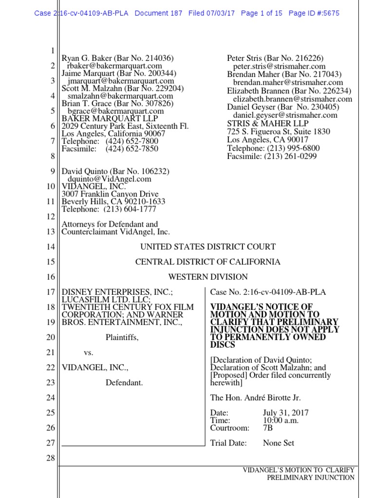 VidAngel Motion To Clairfy (Discs) | PDF | Injunction | Judiciaries