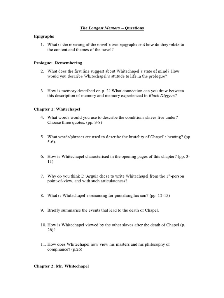 Student Questions - The Longest Memory | PDF | Slavery