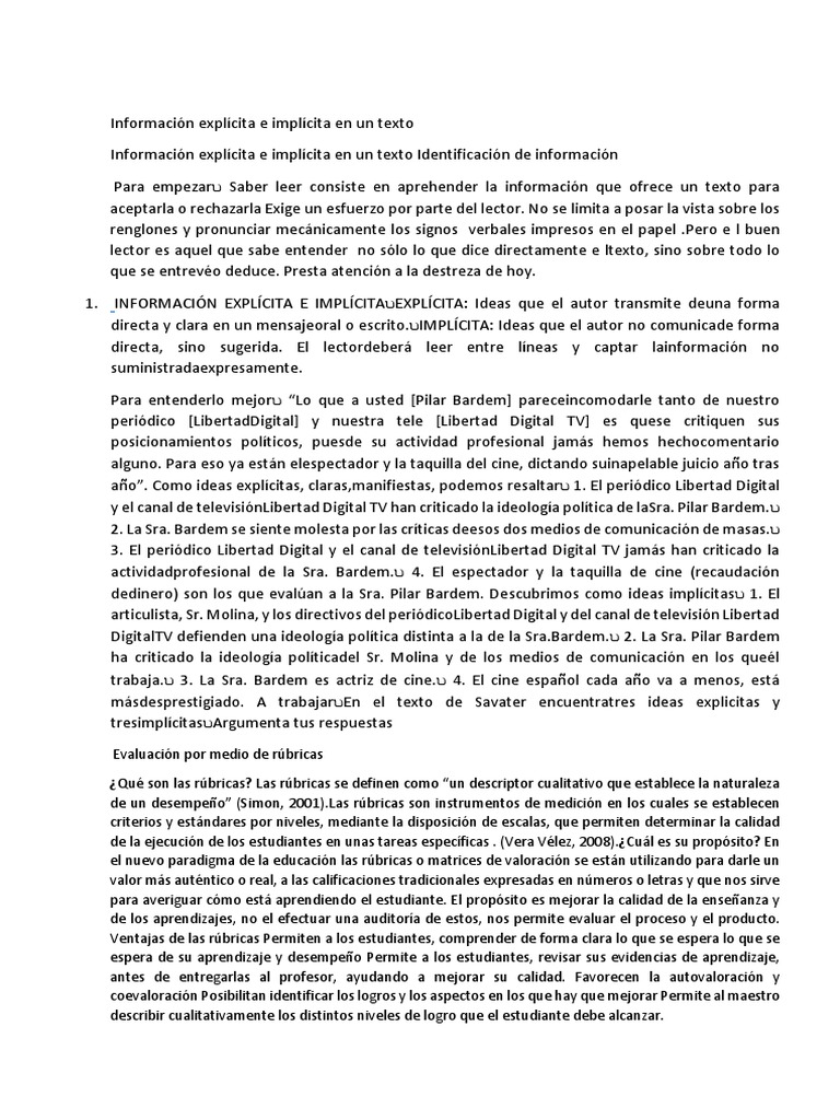 Información Explícita e Implícita en Textos | PDF | Puntuación | Soporte