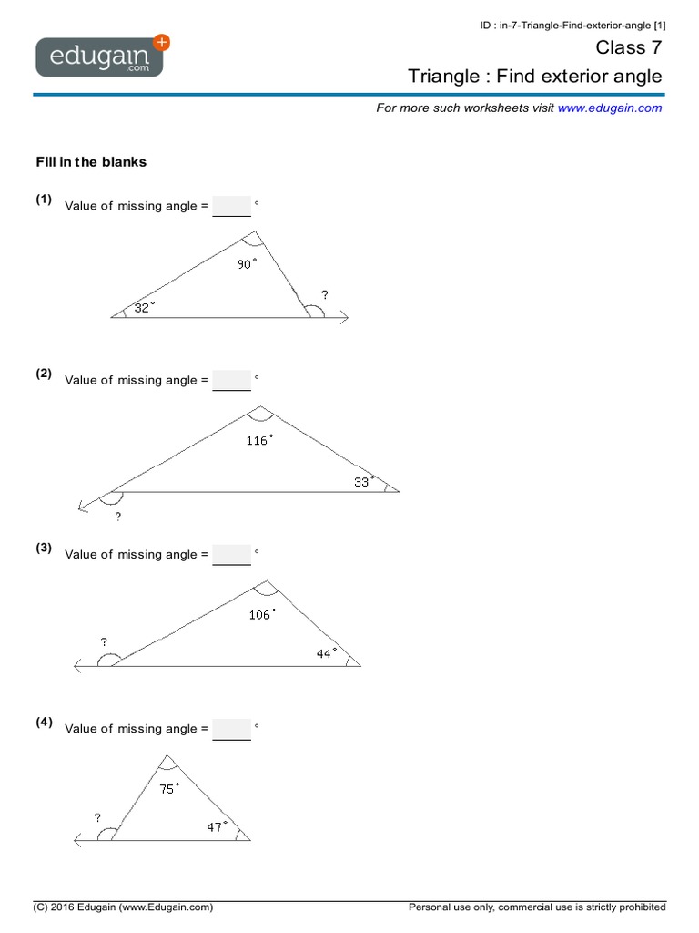 Grade 7 Triangle Find Exterior Angle in | PDF | Triangle | Angle