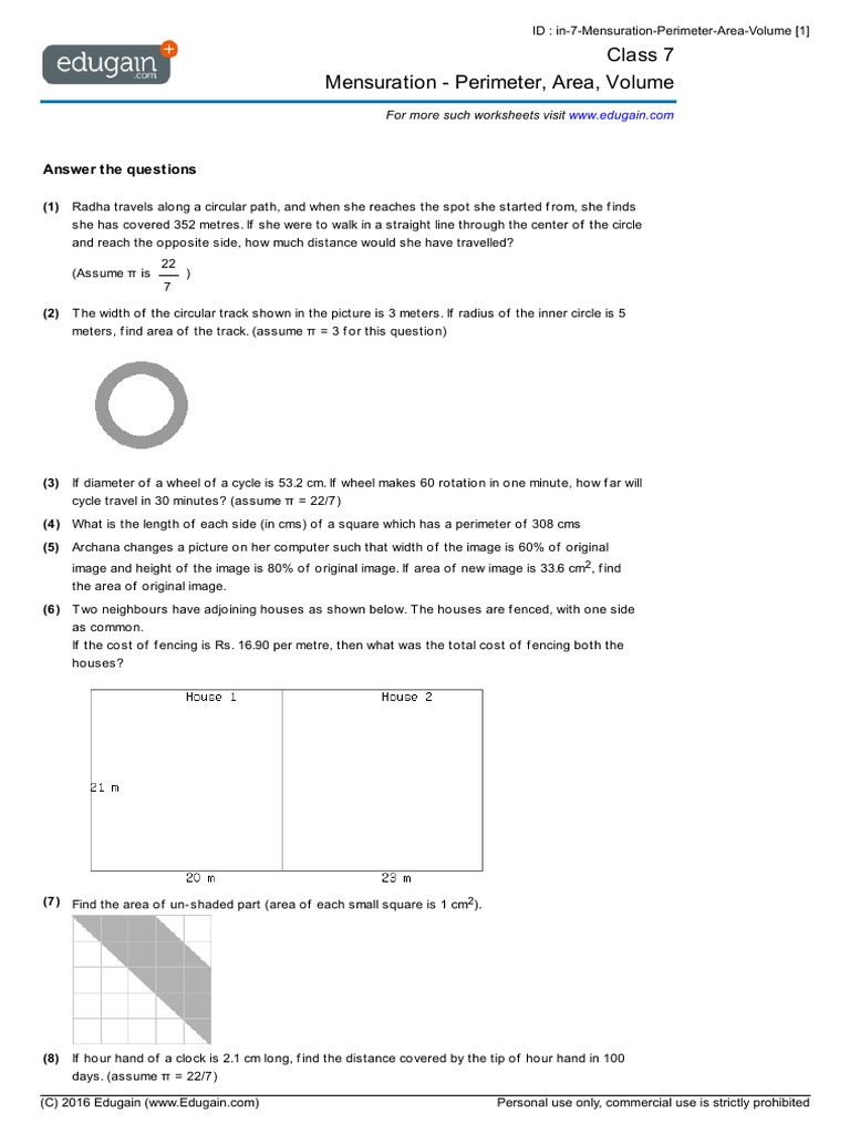 Grade 7 Mensuration Perimeter Area Volume in | PDF | Circle | Rectangle