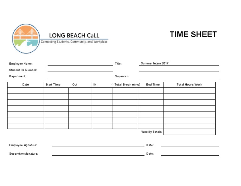 Time Sheet: Employee Name: Title: Summer Intern 2017 Student ID Number ...