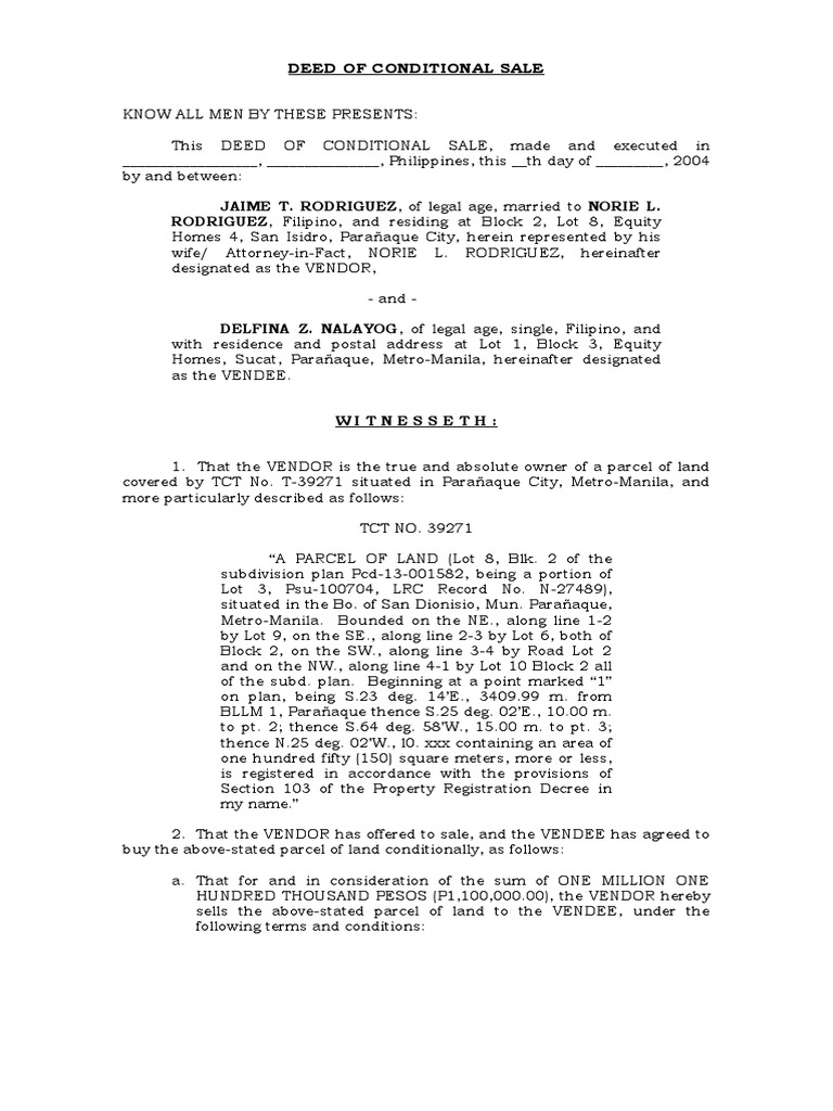 Deed of Conditional Sale 1 | PDF | Mortgage Law | Deed