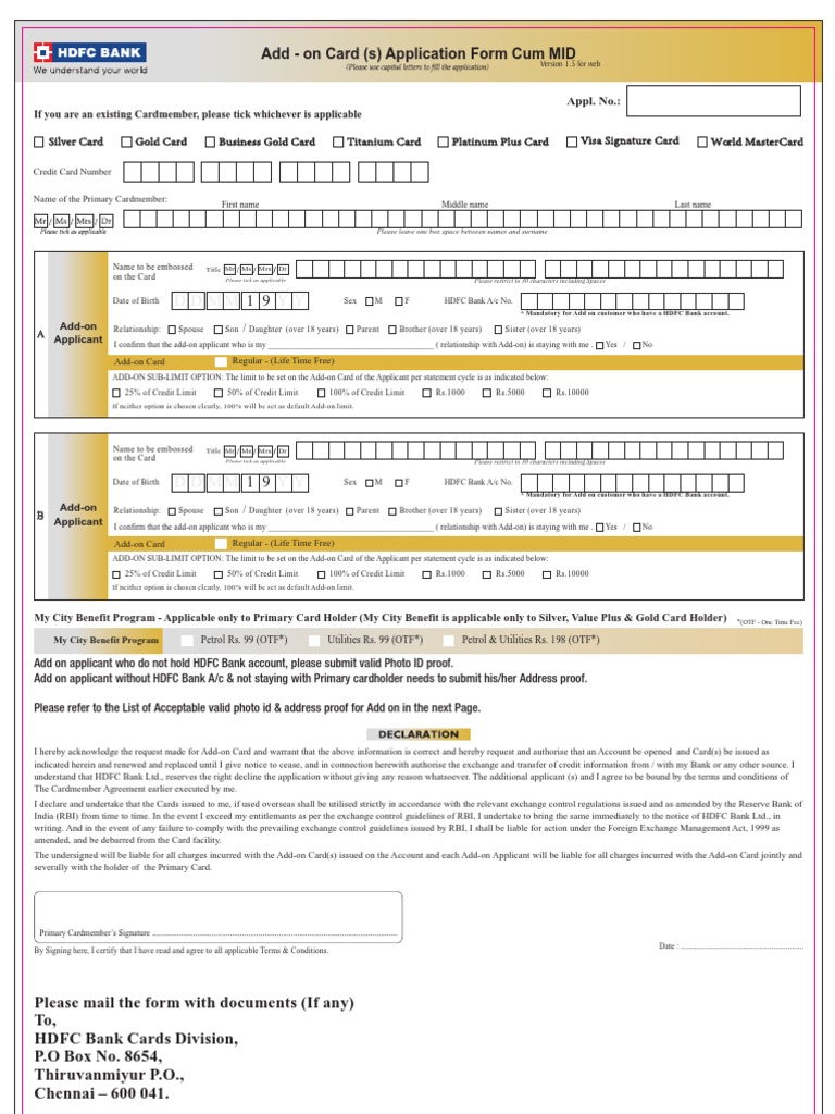 HDFC Add-on Card Application Form | PDF | Credit Card | Identity Document