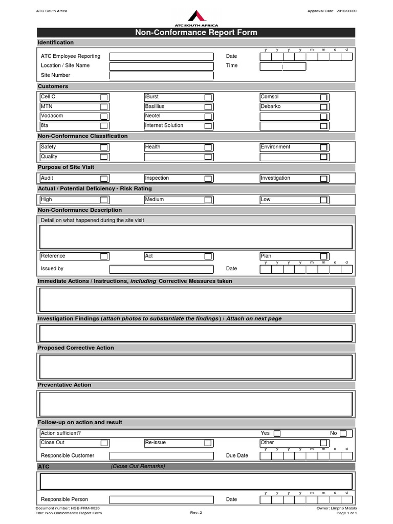 Non-Conformance Report Template | PDF | Wellness | Medical