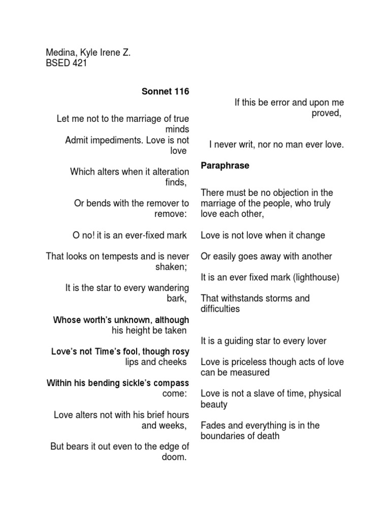 Sonnet 116 Analysis | PDF | Stanzaic Form | Poetry