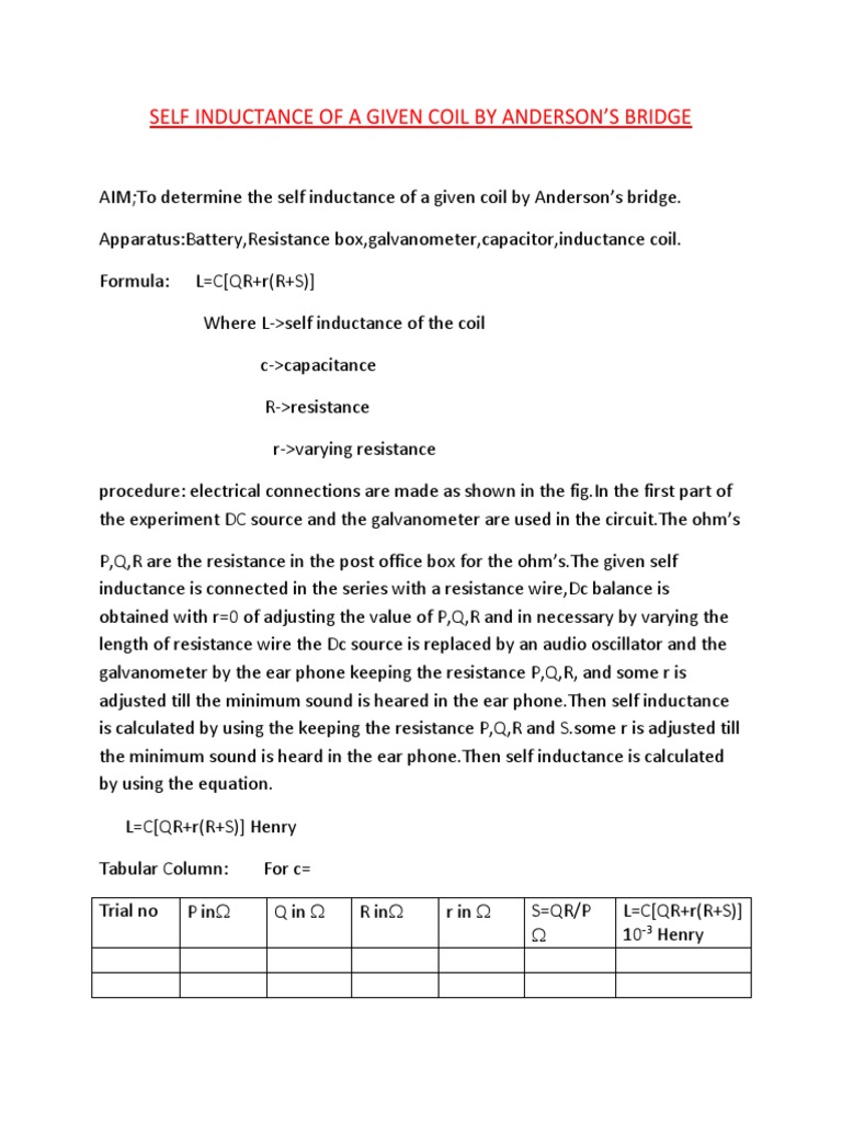Self Inductance of A Given Coil by Anderson's Bridge | PDF | Inductance ...