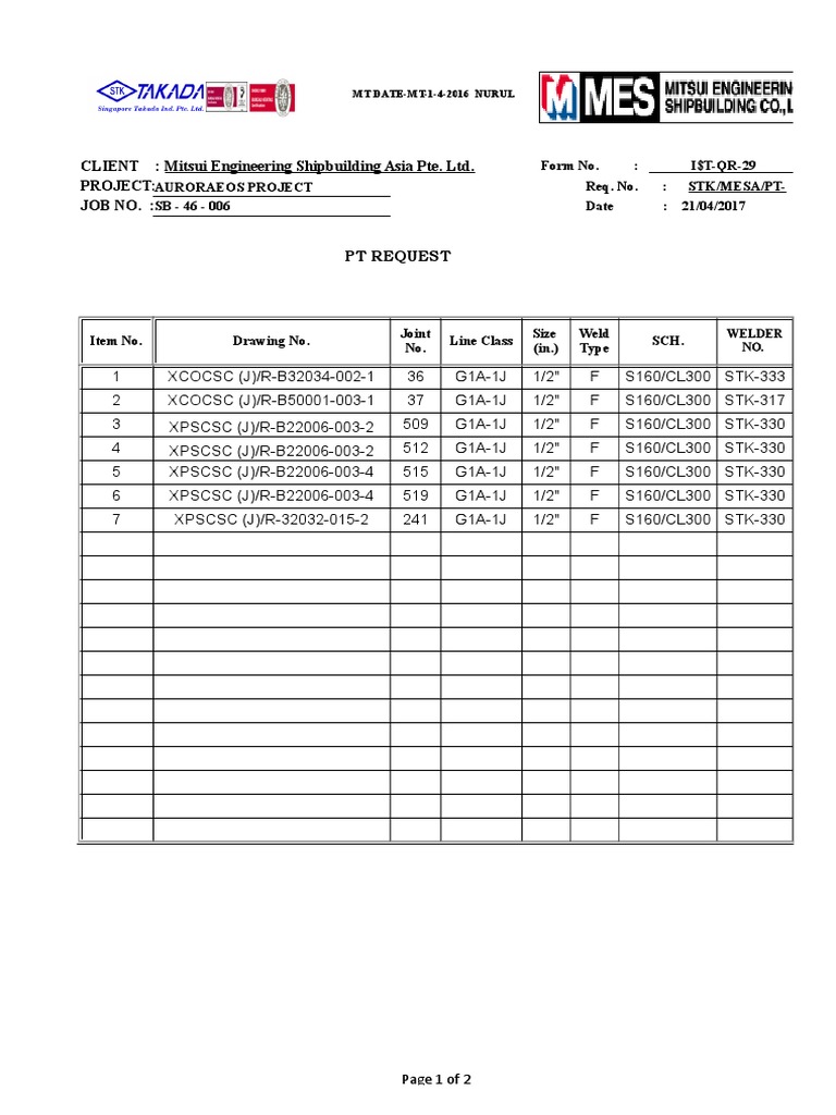 Project: Job No.: CLIENT: Mitsui Engineering Shipbuilding Asia Pte. LTD ...
