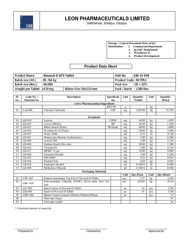 Product Data Sheet for Novacal-D 50's Tablet Batch from Leon ...