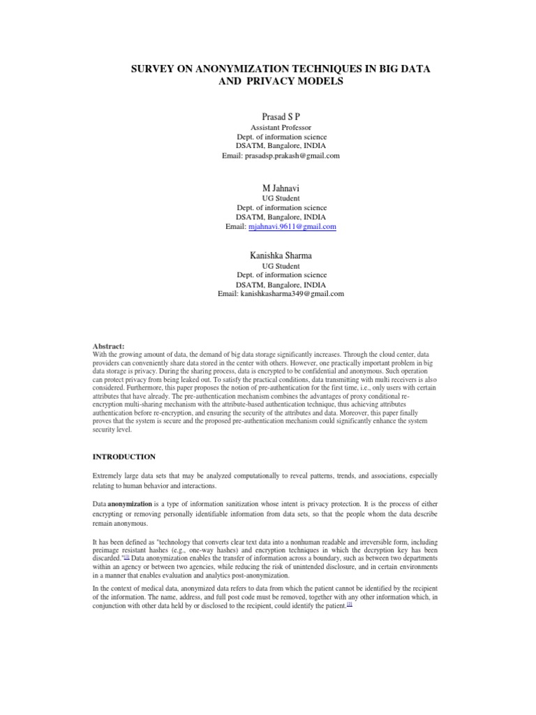 Survey On Anonymization Techniques in Big Data and Privacy Models | PDF | Privacy | Relational ...